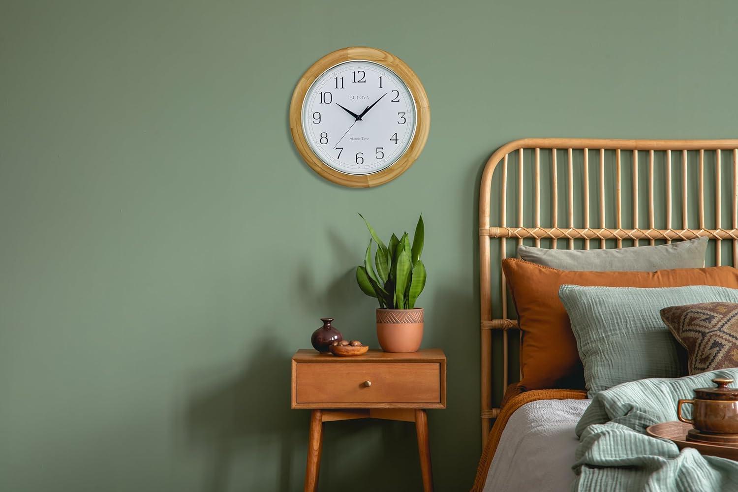 Bulova C5005 Wooden Atomic Analog Wall Clock | Automatically Sets Time ...