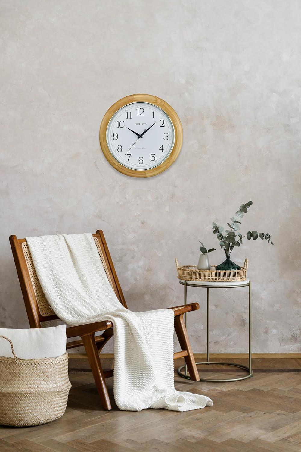 Bulova C5005 Wooden Atomic Analog Wall Clock | Automatically Sets Time ...