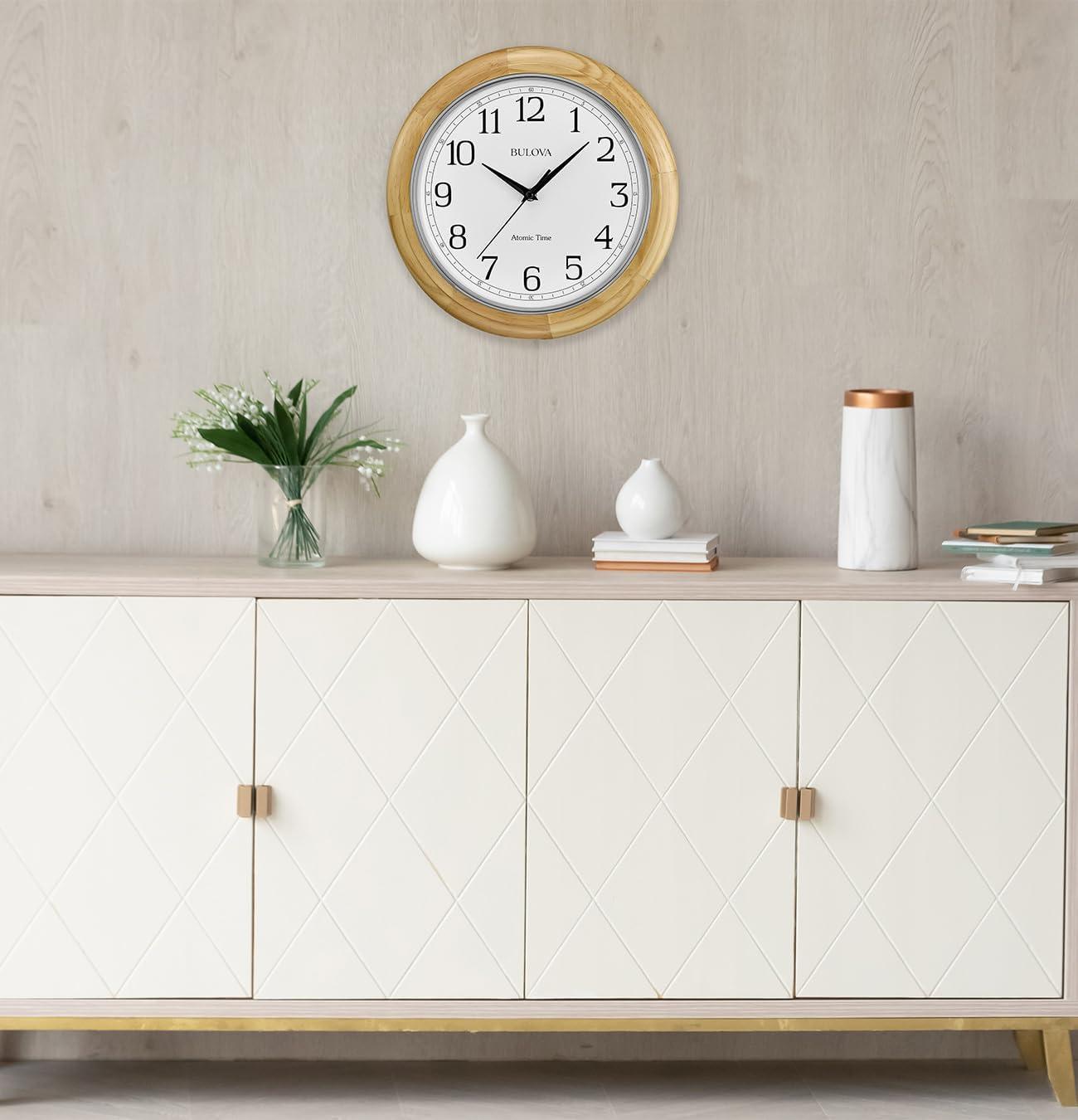Bulova C5005 Wooden Atomic Analog Wall Clock | Automatically Sets Time ...