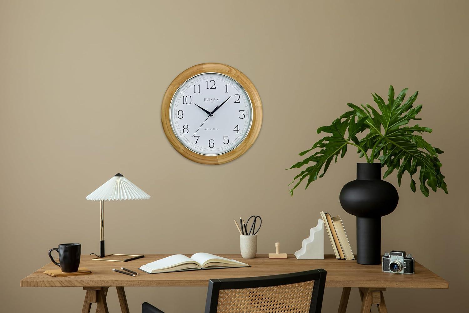 Bulova C5005 Wooden Atomic Analog Wall Clock | Automatically Sets Time ...